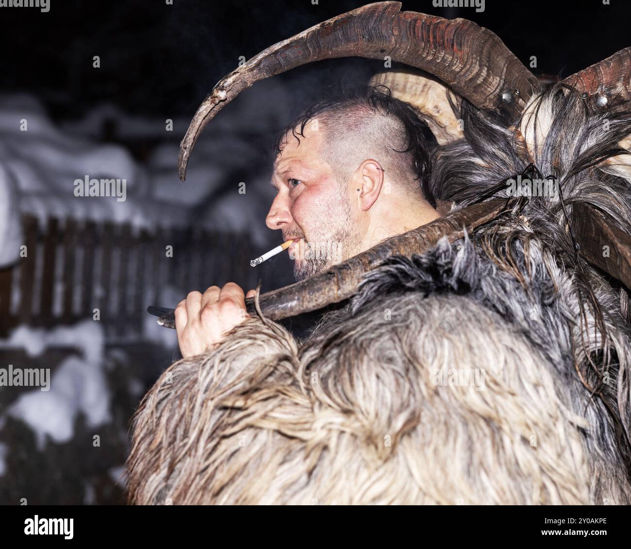 Man Wearing Traditional Goat Mask During Nighttime Carnival in the Alps ...