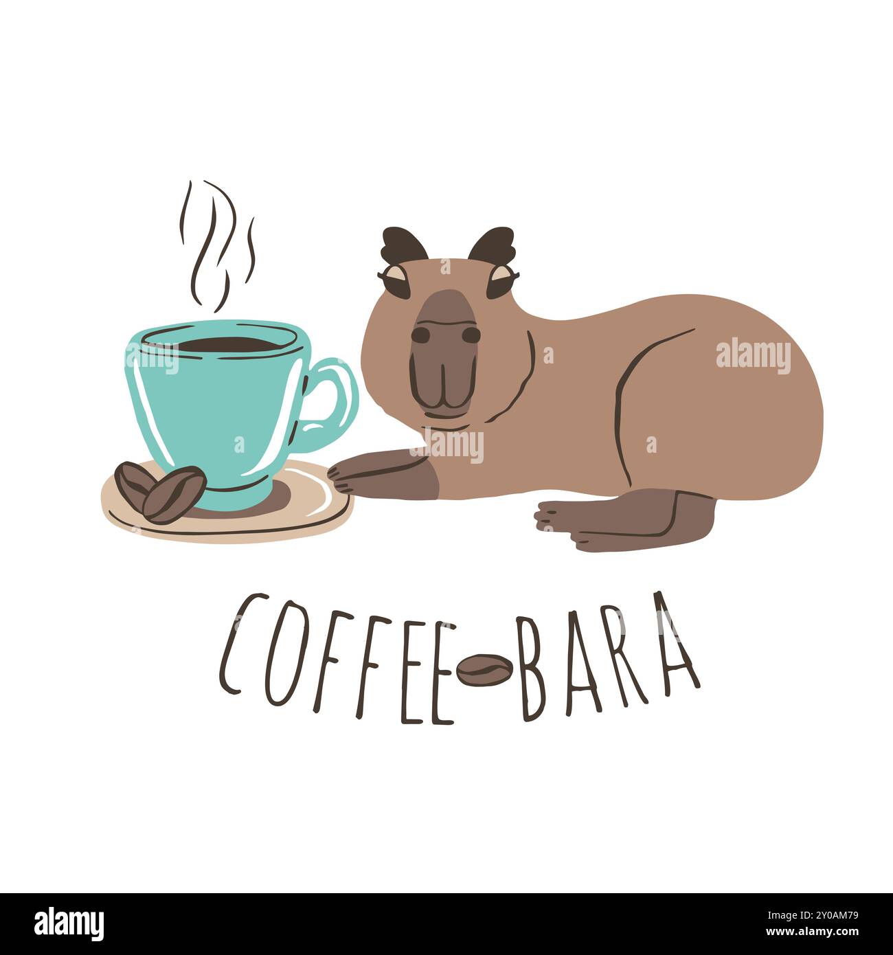 Funny Capybara with cup of cappuccino coffee and coffee beans ...