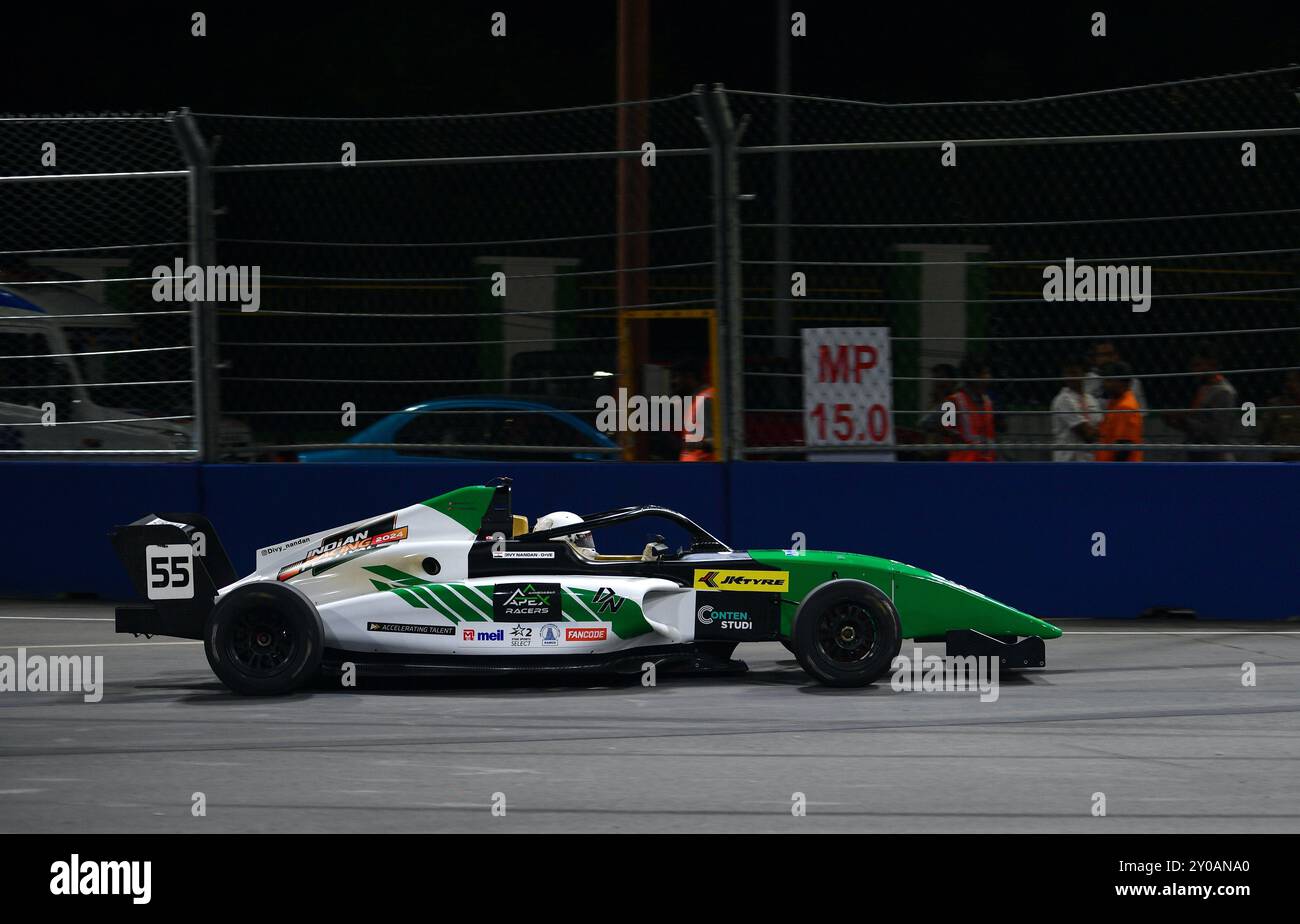 Chennai, INDIA. 1st Sep, 2024. F4 racing cars are on action speeding on ...