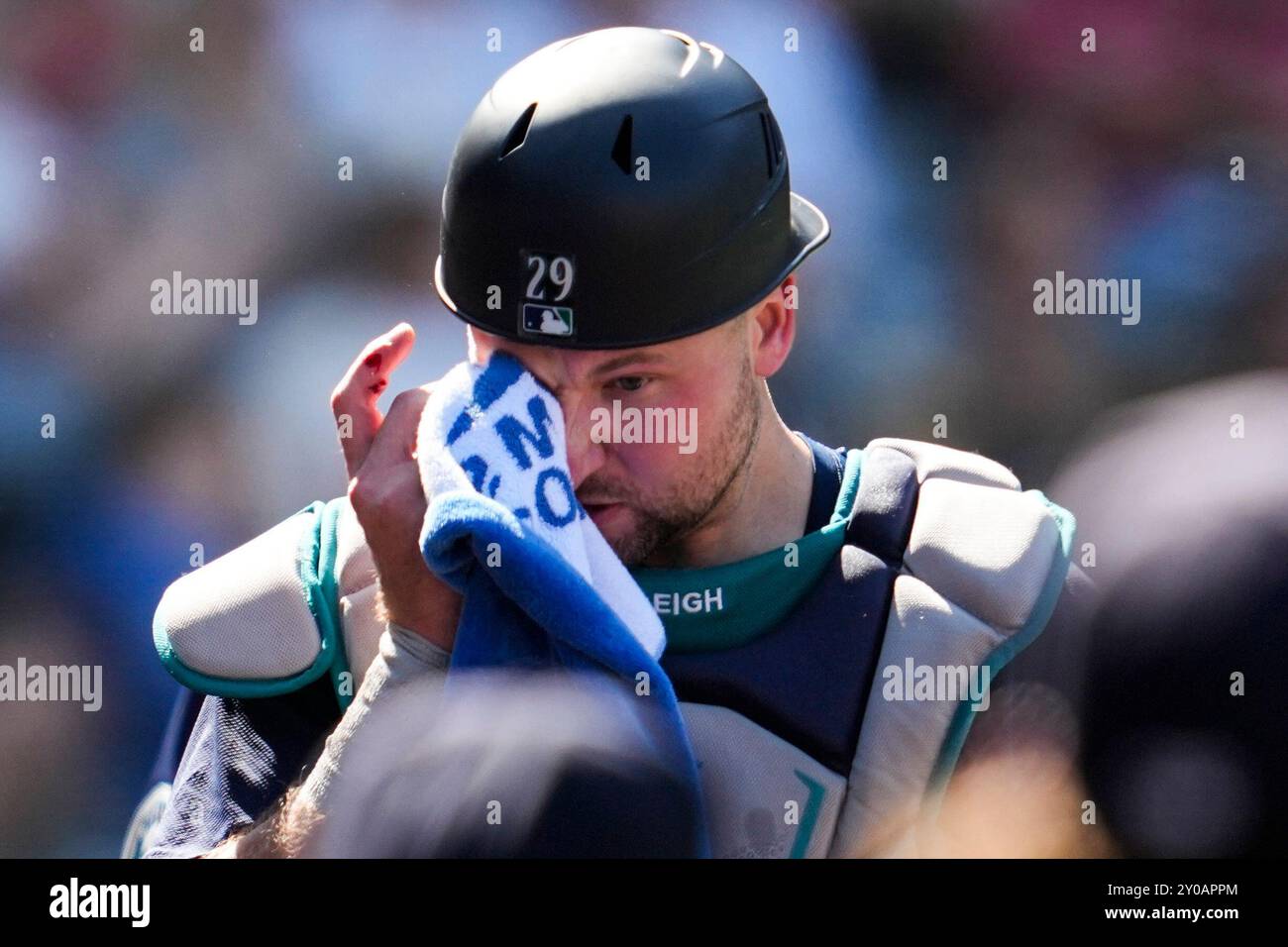Seattle Mariners catcher Cal Raleigh, center, is checked out for injury ...