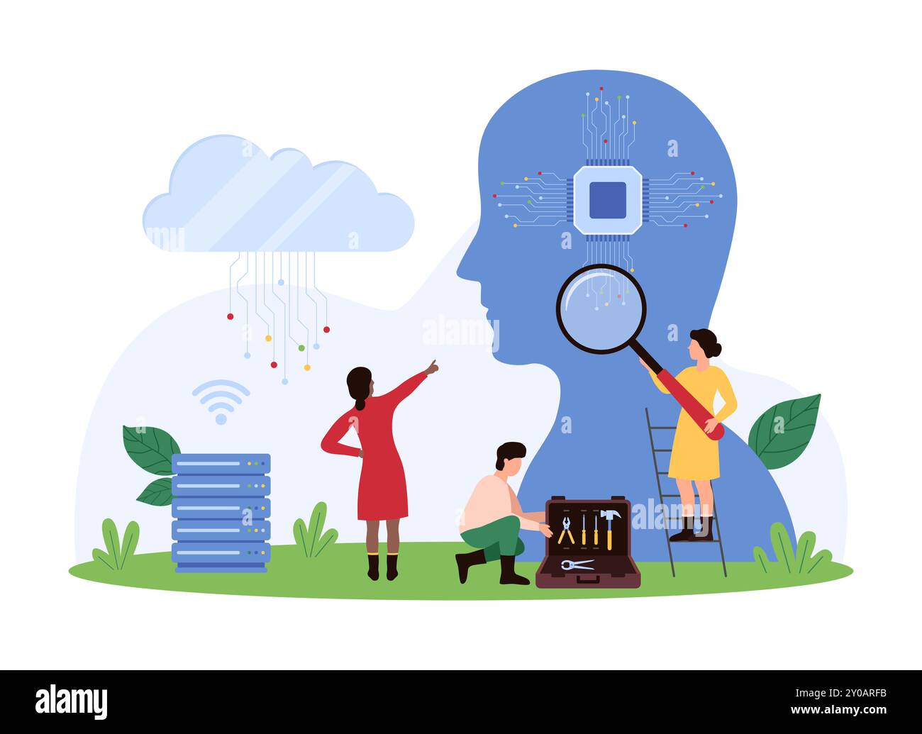 AI and digital brain research and development, engineering. Tiny people ...