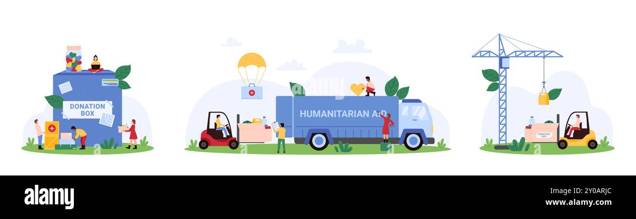 Delivery and logistics of charity non profit organization set. Tiny ...