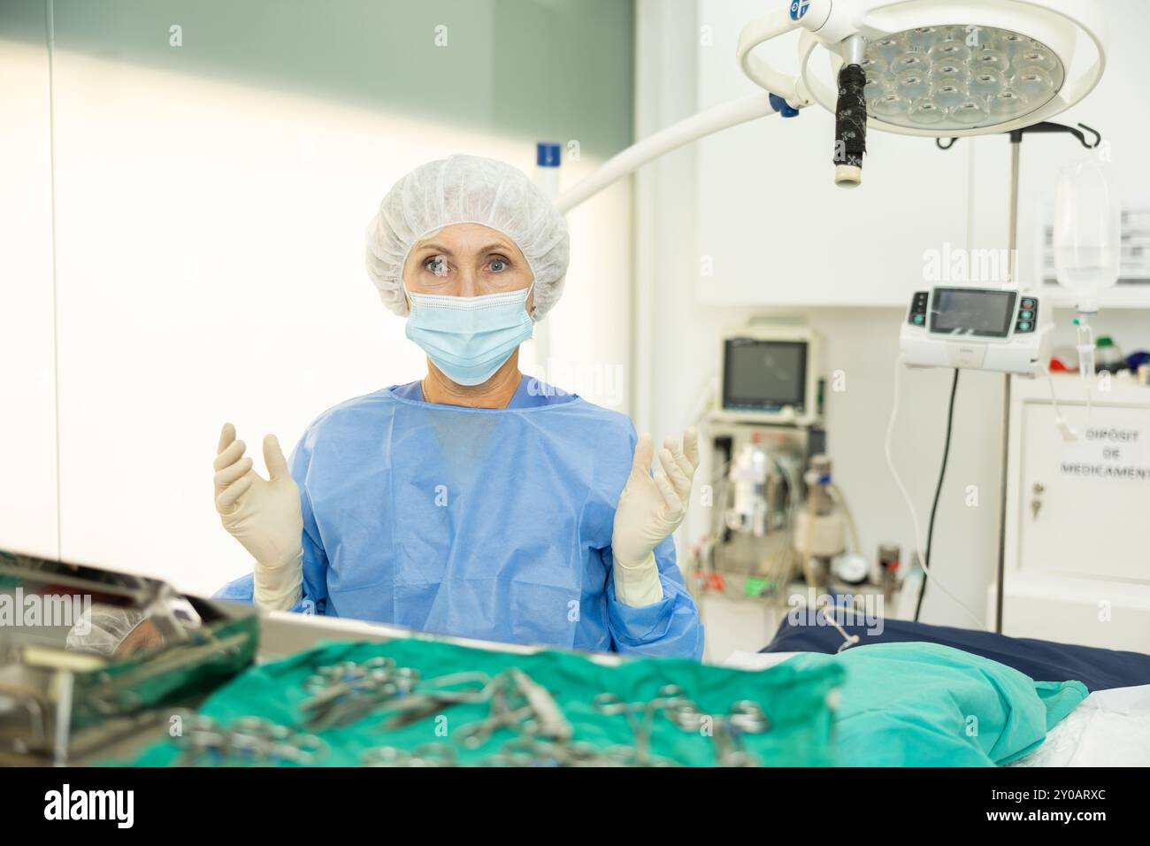 Elderly female veterinarian in surgical outfit standing in veterinary ...