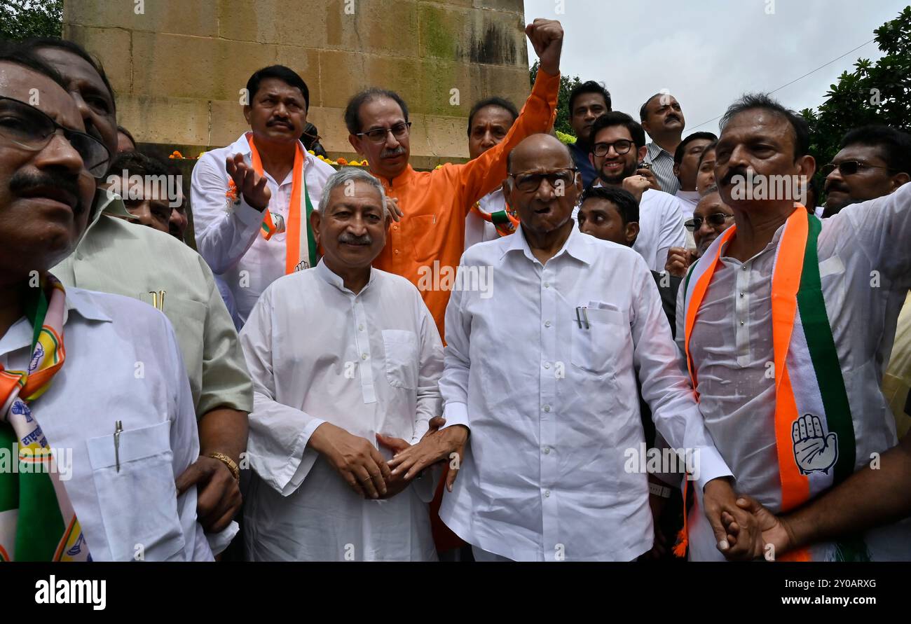 MUMBAI, INDIA - SEPTEMBER 1: MVA leaders Uddhav Thackeray (Shivsena UBT), Sharad Pawar (NCP SP ...