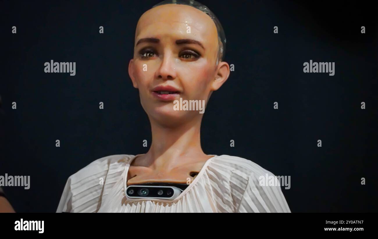 Famous female social humanoid robot Sophia, attended a conference ...