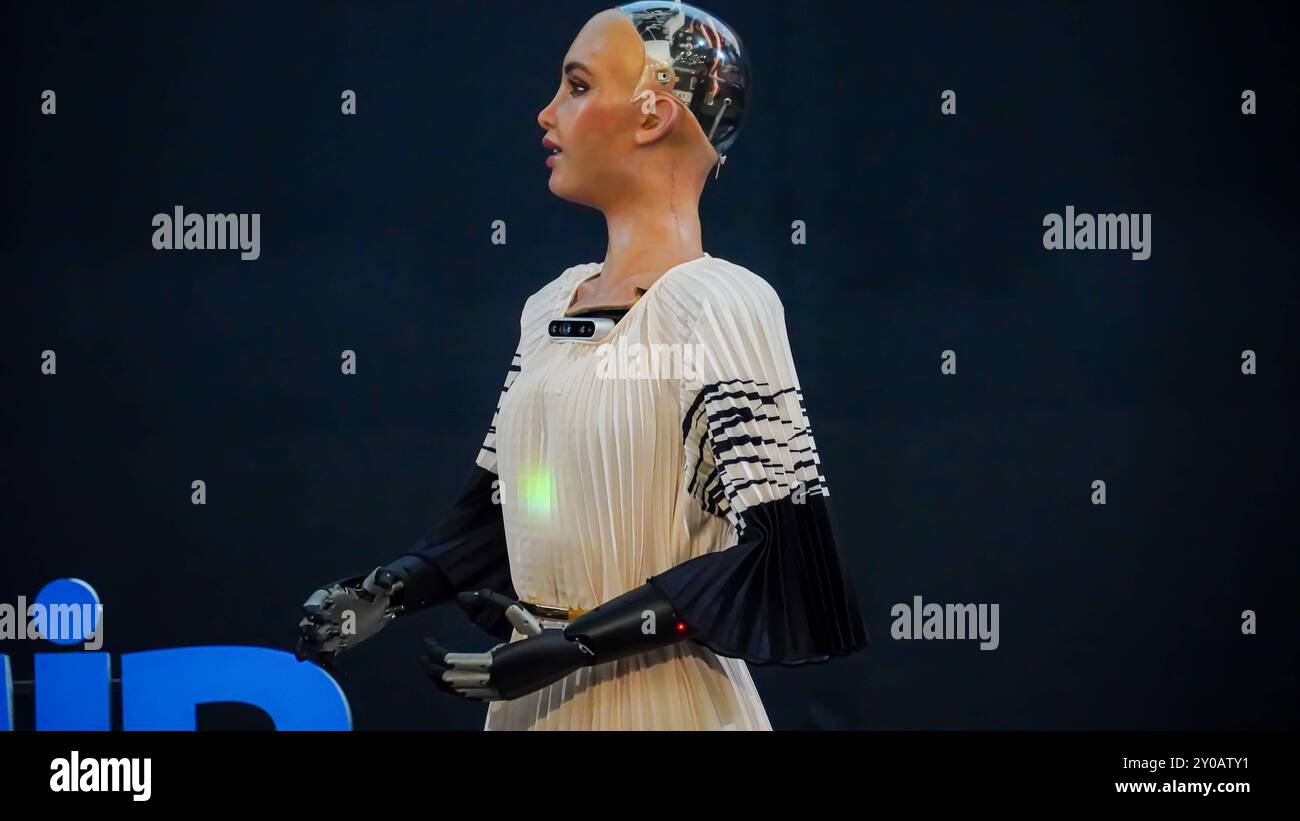 Famous female social humanoid robot Sophia, attended a conference ...