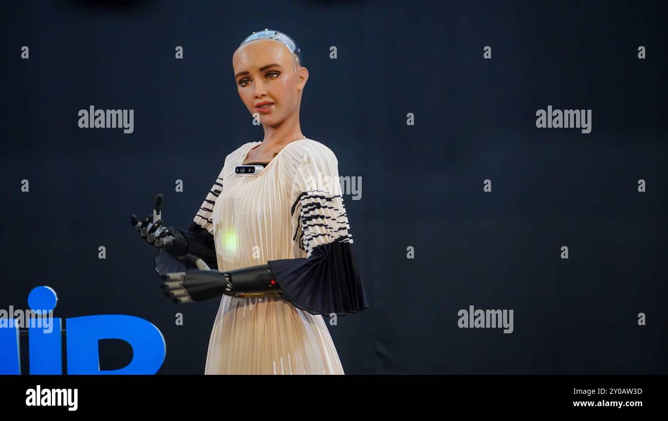 Famous female social humanoid robot Sophia, attended a conference ...