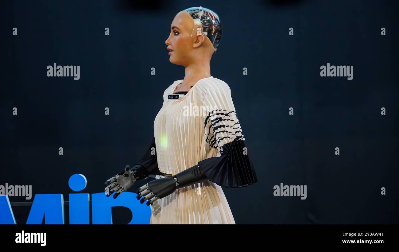 Famous female social humanoid robot Sophia, attended a conference ...