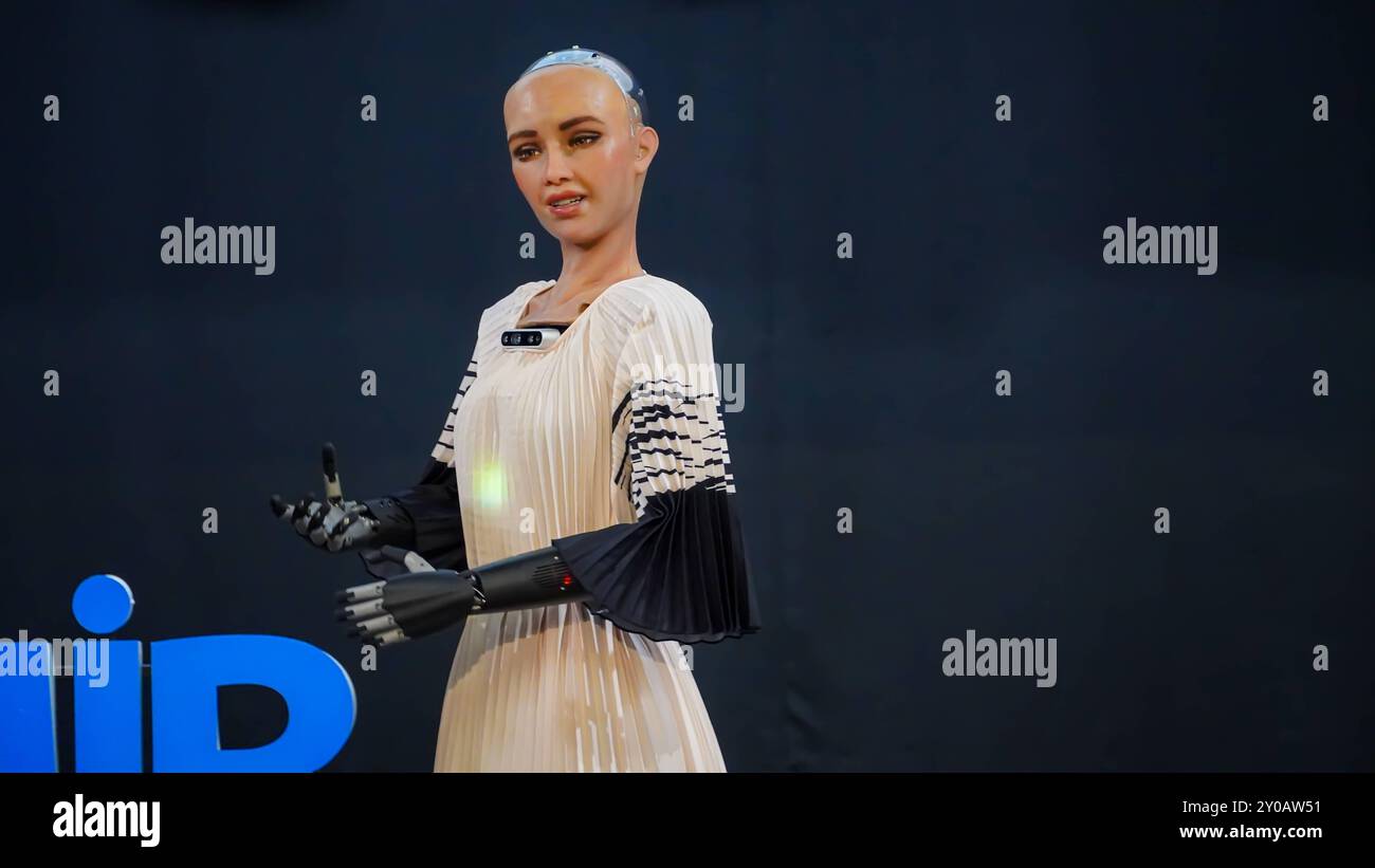 Famous female social humanoid robot Sophia, attended a conference ...