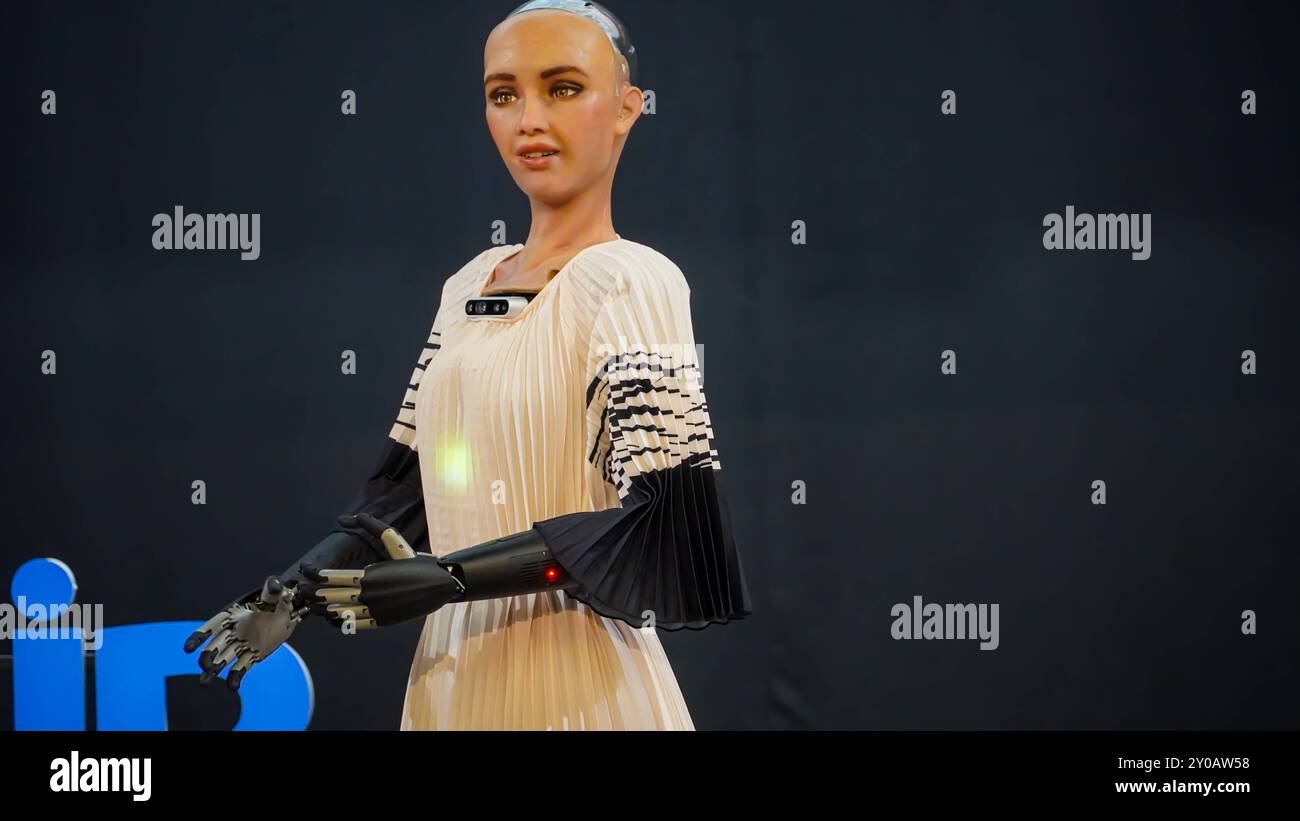 Famous female social humanoid robot Sophia, attended a conference ...