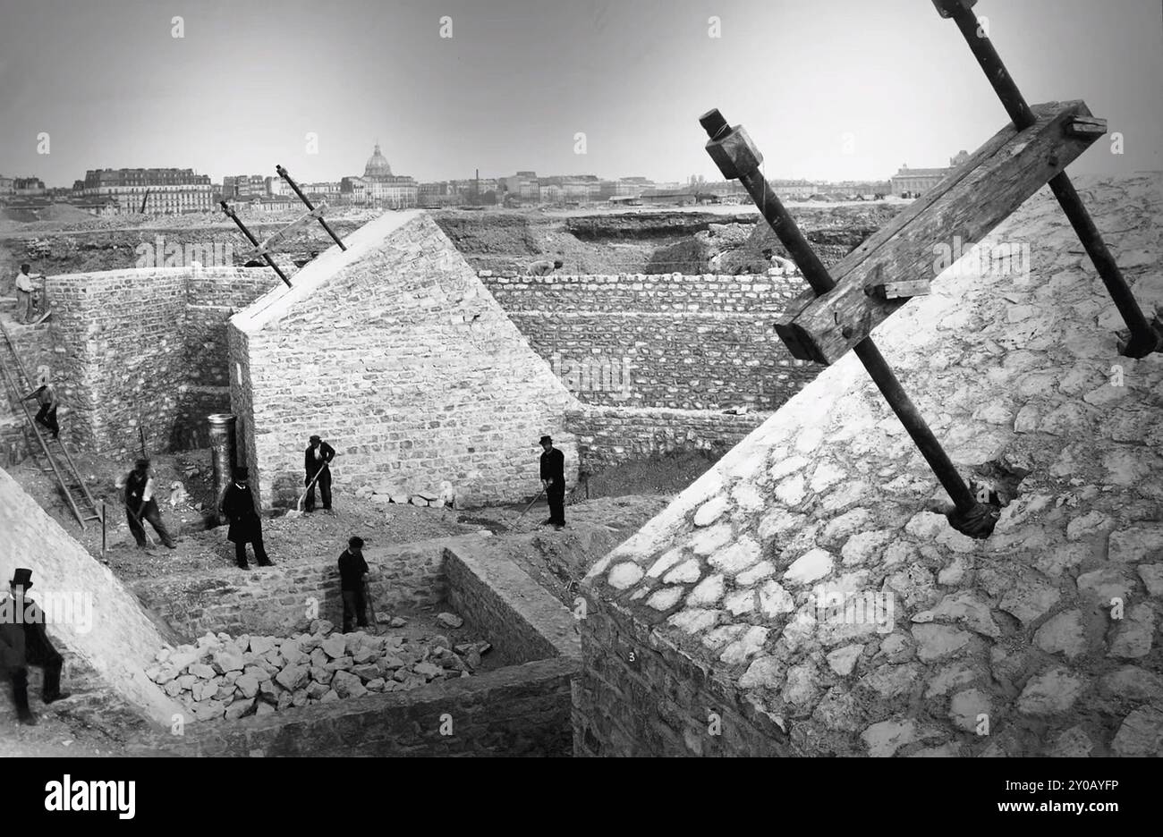 The constructions of the footings (Caissons) of the Eiffel tower. Construction began on 28th ...