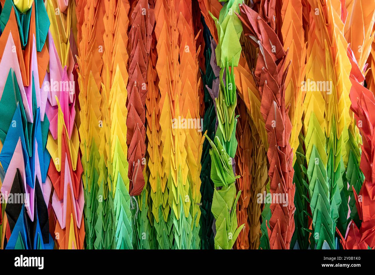 Chain of origami paper cranes hanging at the Atomic Bomb Nagasaki Peace ...