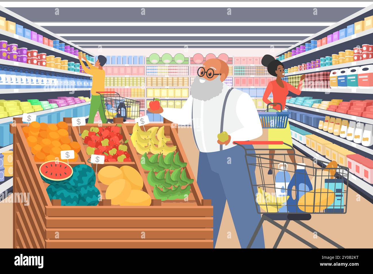 Shopping in supermarket by elderly customer. Old man with beard ...