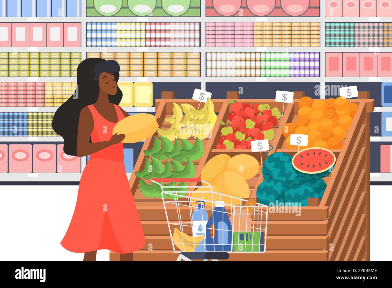 Buying grocery products in supermarket. Young woman consumer holding ...