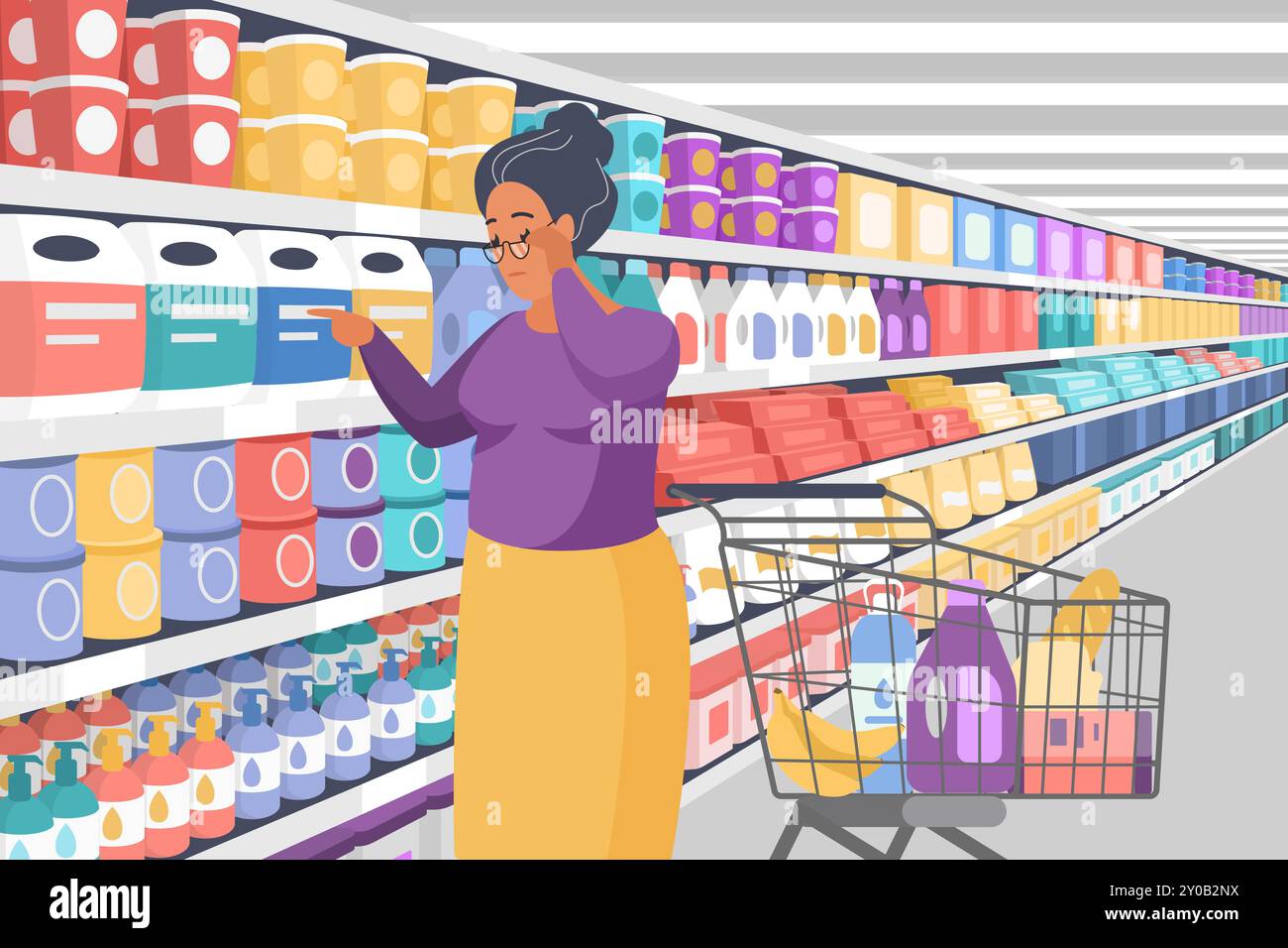 Shopping in supermarket. Elderly woman standing in aisle at shelf with ...