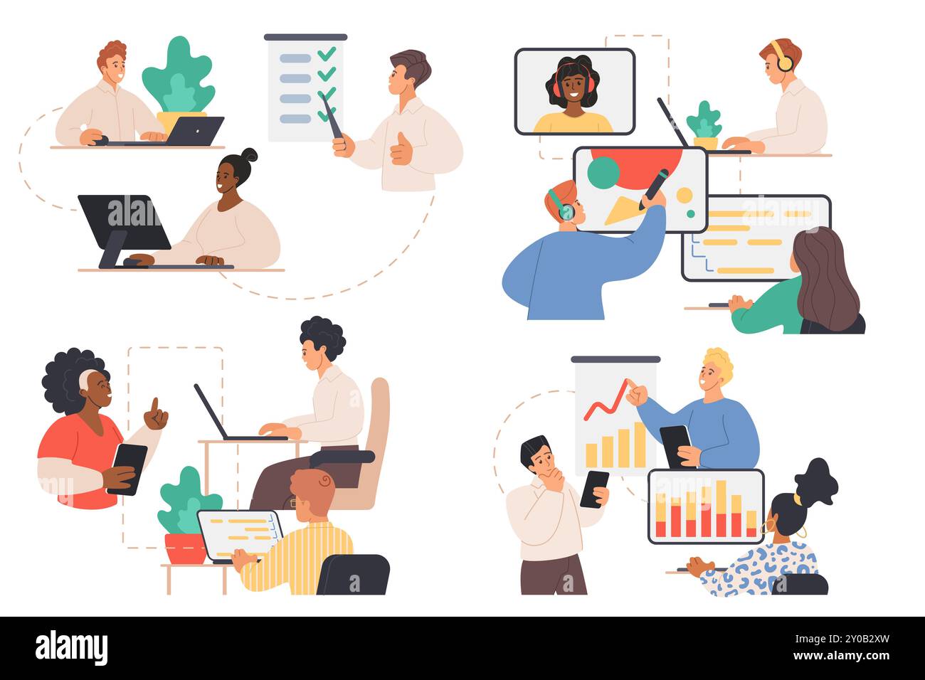 Company workflow with team of managers set. Office teamwork organization and streamline ...