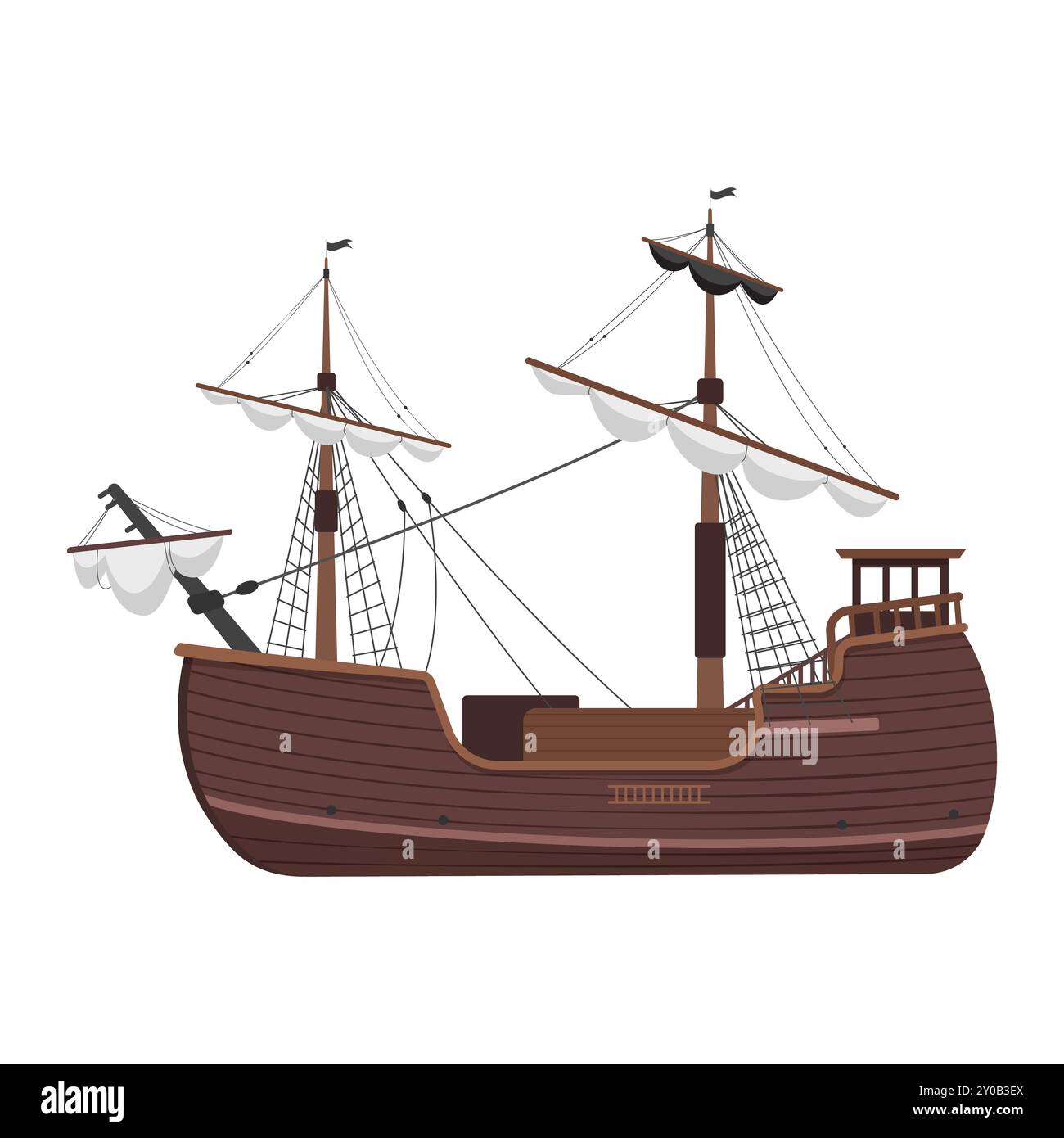Detailed vector illustration of a galleon ship with multiple masts and ...