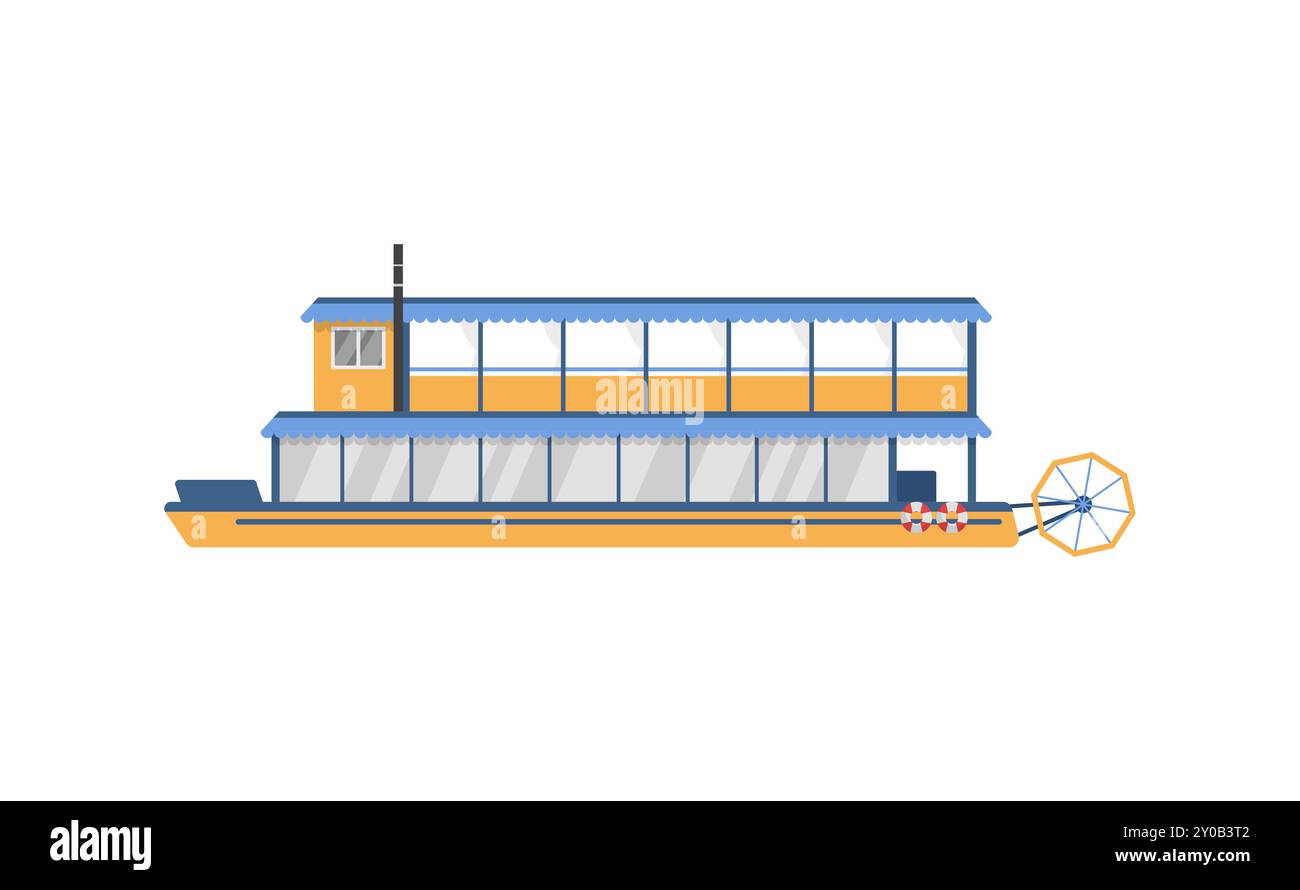 Detailed vector illustration of a paddle steamer with blue and yellow ...