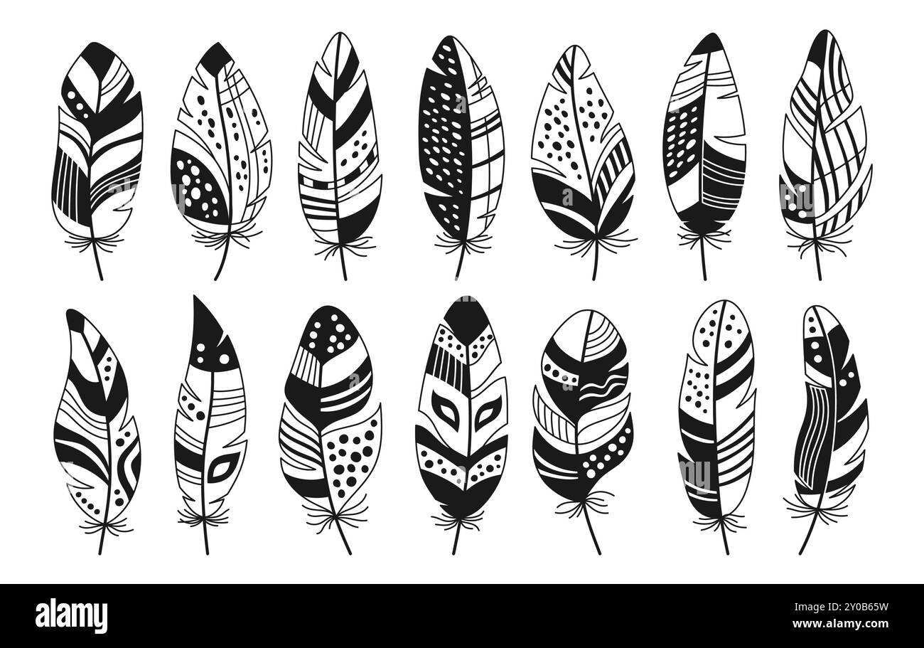 Feather cartoon line boho set. Doodle stylized bird feathers with ...