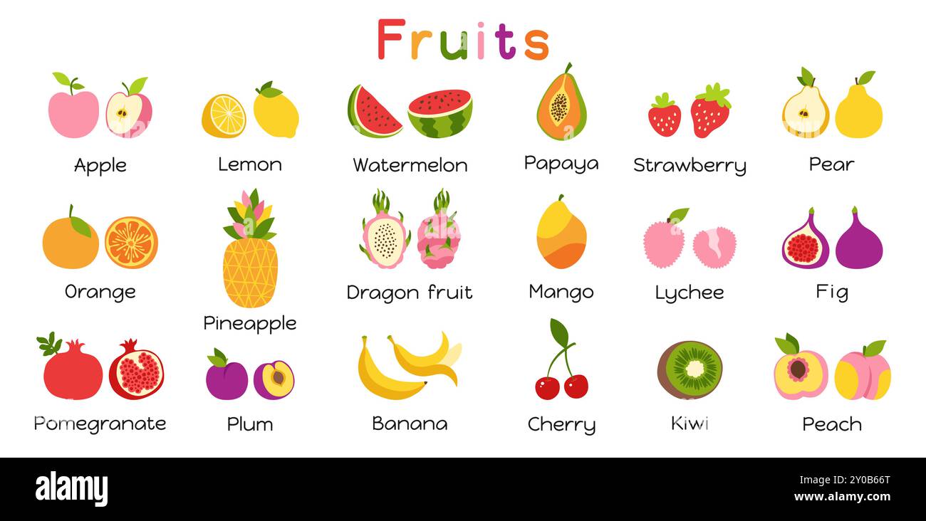 Fruits or berries with names cartoon set for kids. Sliced lemon orange ...