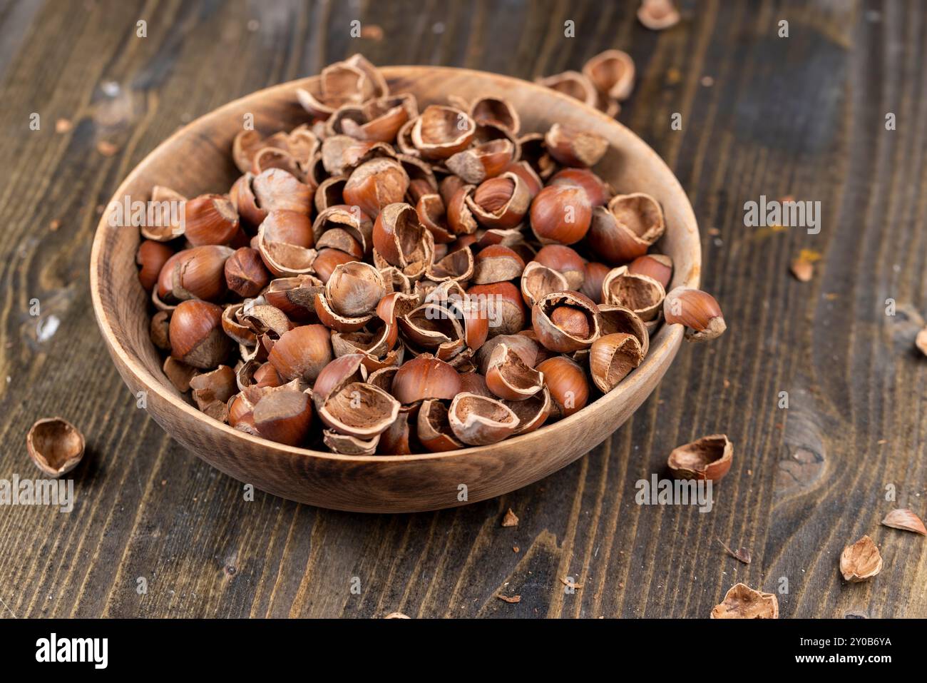 A large amount of hazelnut shells with a small amount of hazelnut ...