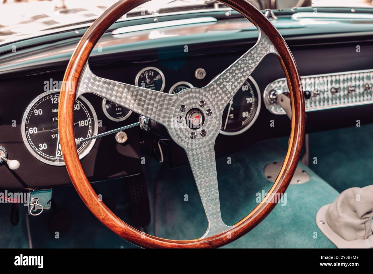 A classic Maserati car dashboard on display at the Concours of Elegance ...