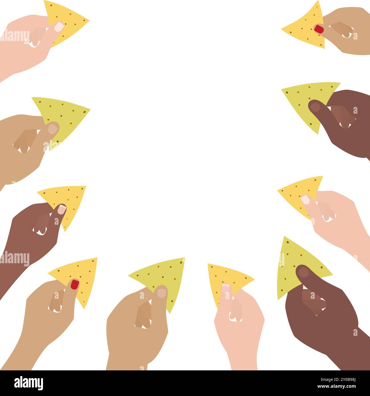 Hands of men and women of different race hold corn and spinach nachos ...