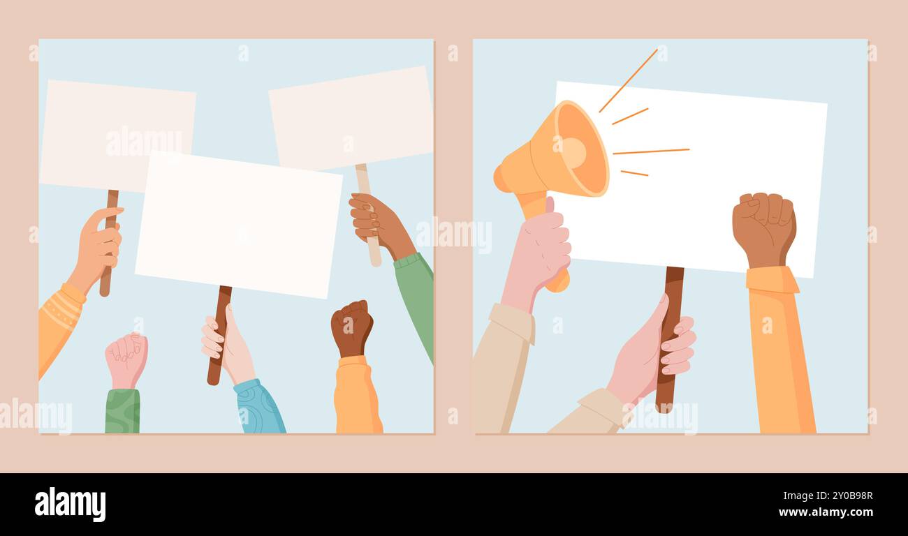Hands hold blank protest signs with megaphone Stock Vector Image & Art ...