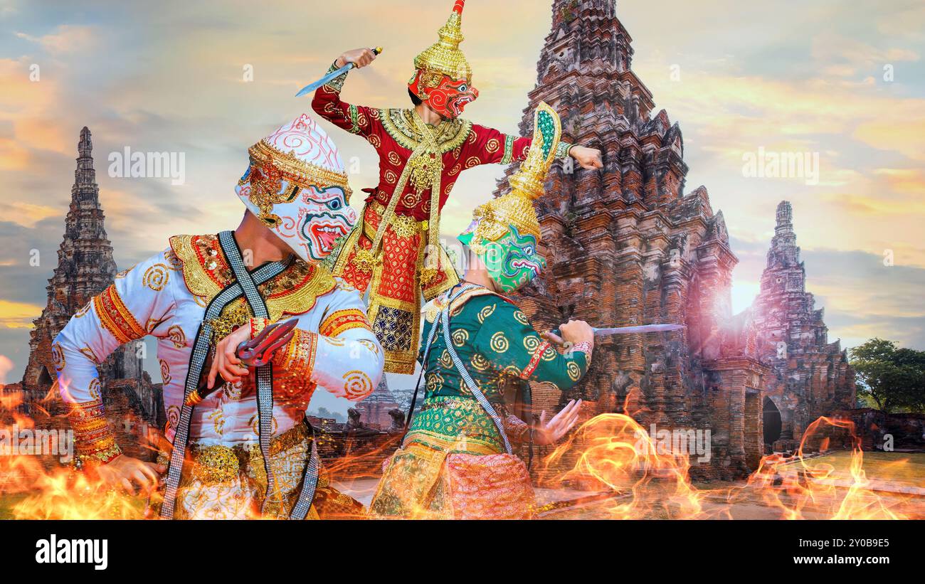 Khon Masked Dance in Thailand, UNESCO’s Intangible Cultural Heritage, with 3D rendering flames ...