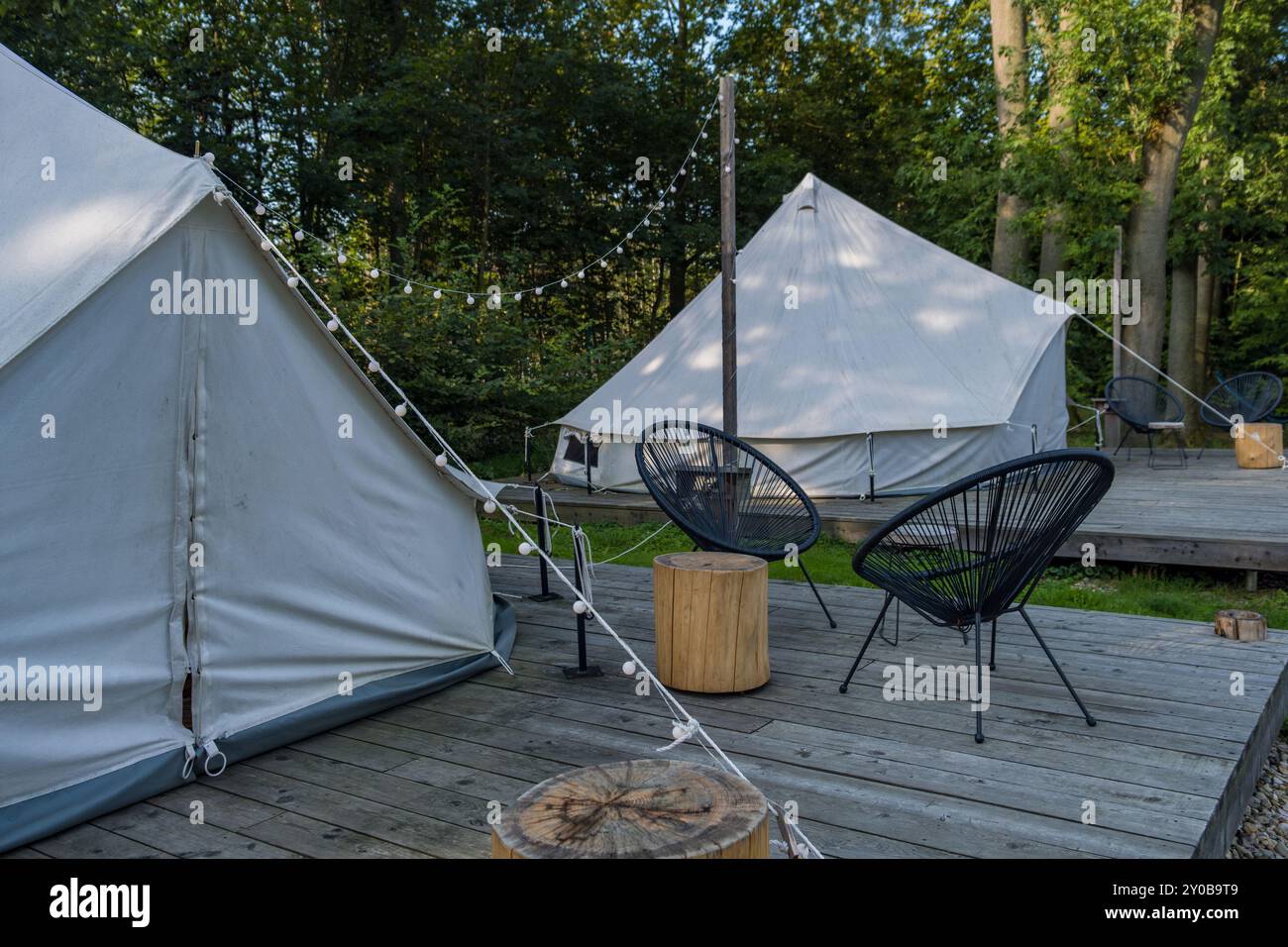 Camping tents set up in a forest with wooden platforms and outdoor ...