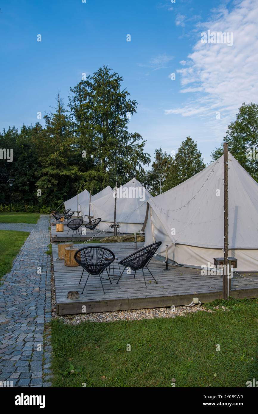 Luxury camping tents on wooden platforms surrounded by lush greenery ...