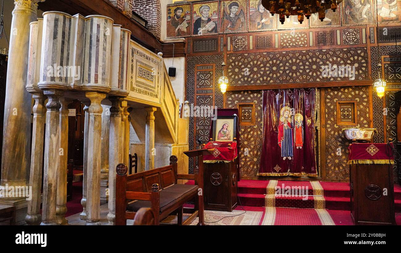 Nave of the Coptic Orthodox Church of Saint Barbara Coptic Orthodox church with marble pulpit ...