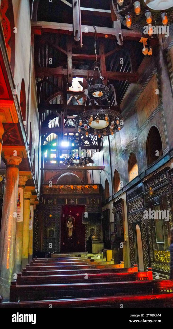 View of the wooden trusses and vaulted ceiling of the Hanging church or ...