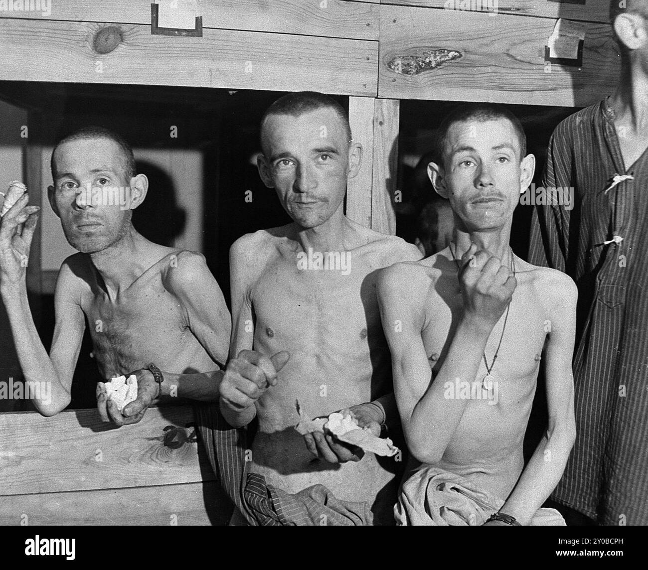 Three emaciated men suckin on sugar cubes given to them by American ...