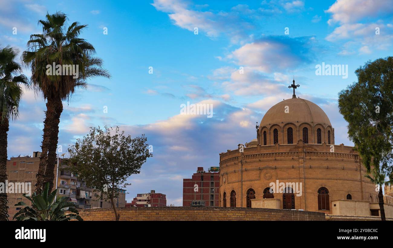 Evening falls over the dome of the Church of Saint George, a greek ...