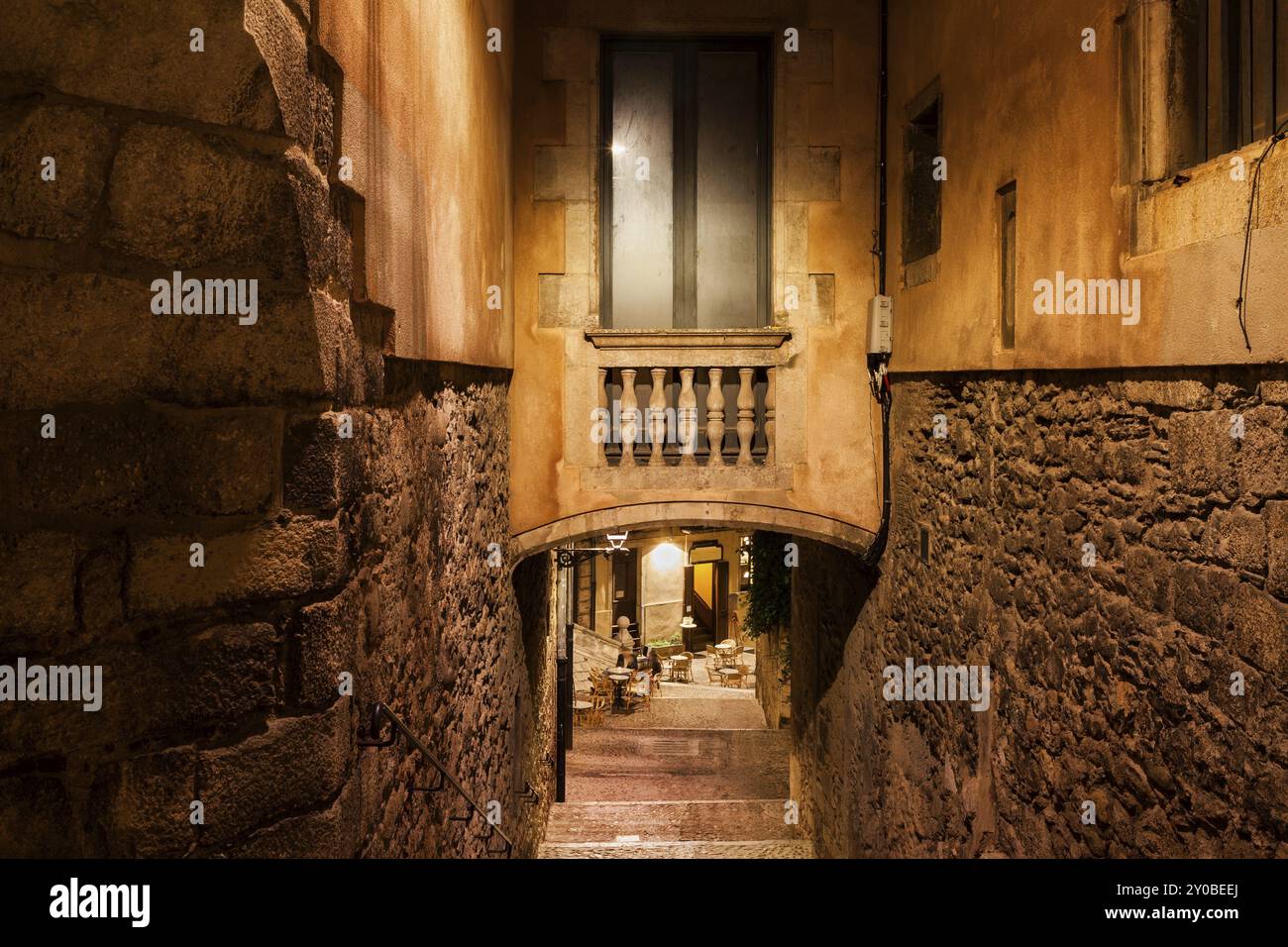 City of Girona by night in Catalonia, Spain. Old Jewish Quarter, the ...