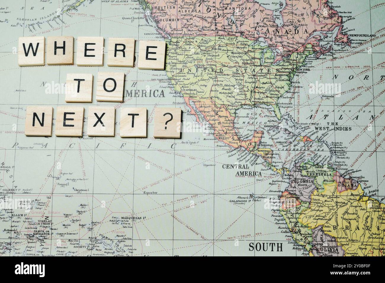 World map with words 'Where to Next?" Concept for travel, vacations ...