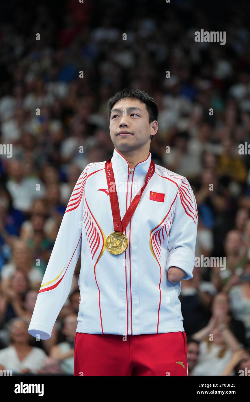Paris, France. 1st Sep, 2024. Yang Hong of China reacts during the ...