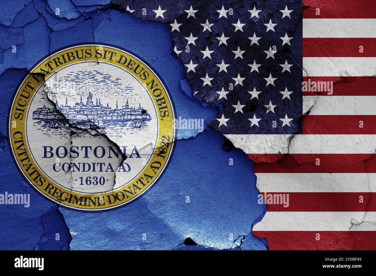 Flags of Boston and USA painted on cracked wall Stock Photo - Alamy