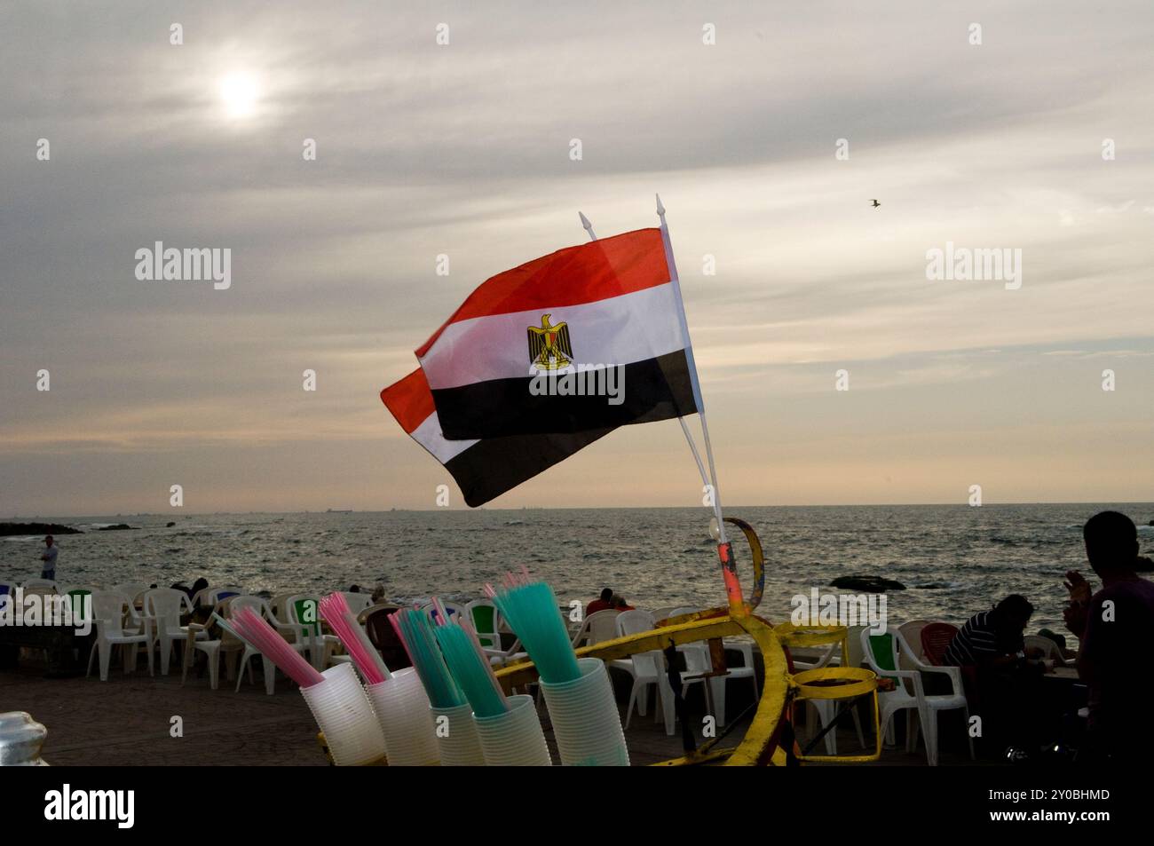 The Egyptian flag on the seafront promenade in Alexandria, Egypt Stock ...