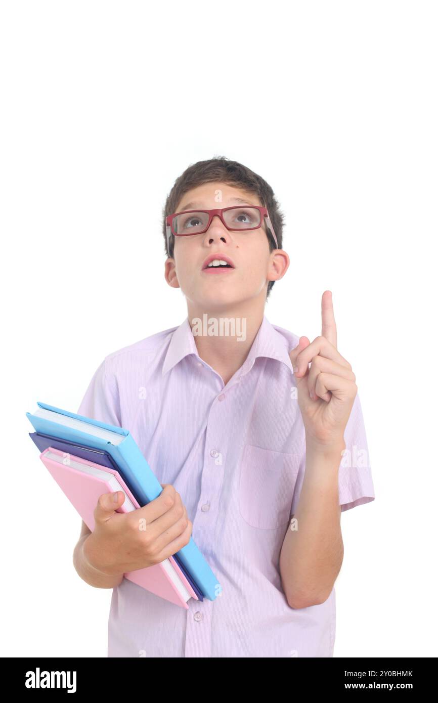 smart bookworm kid with book pointing up his finger thinking Stock ...