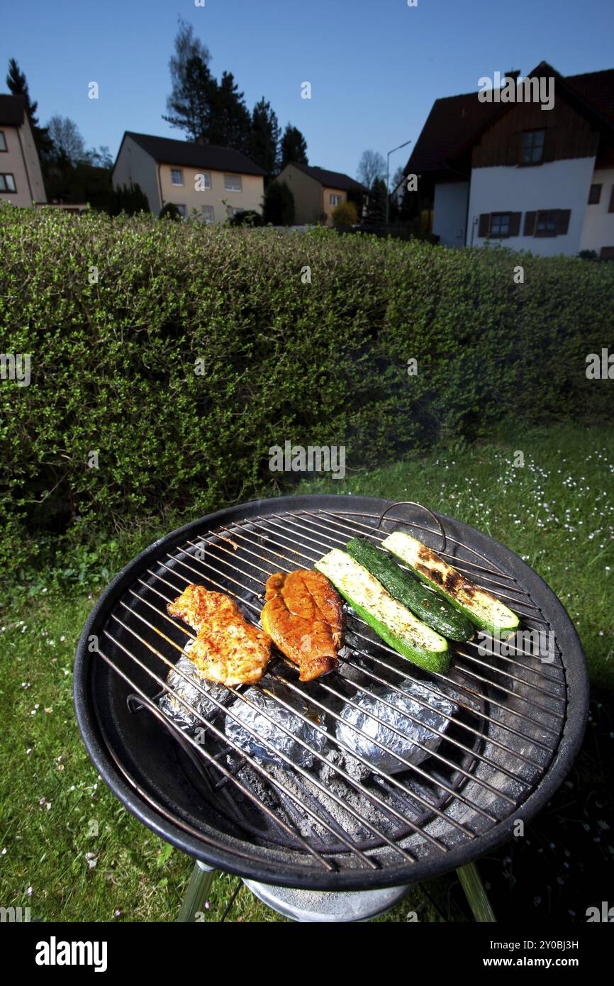 Pork steak and courgettes on an outdoor grill Stock Photo - Alamy