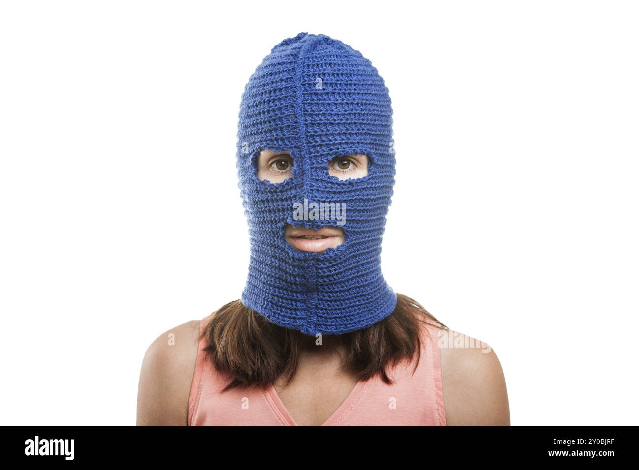Russian protest movement concept, woman wearing balaclava or mask on ...