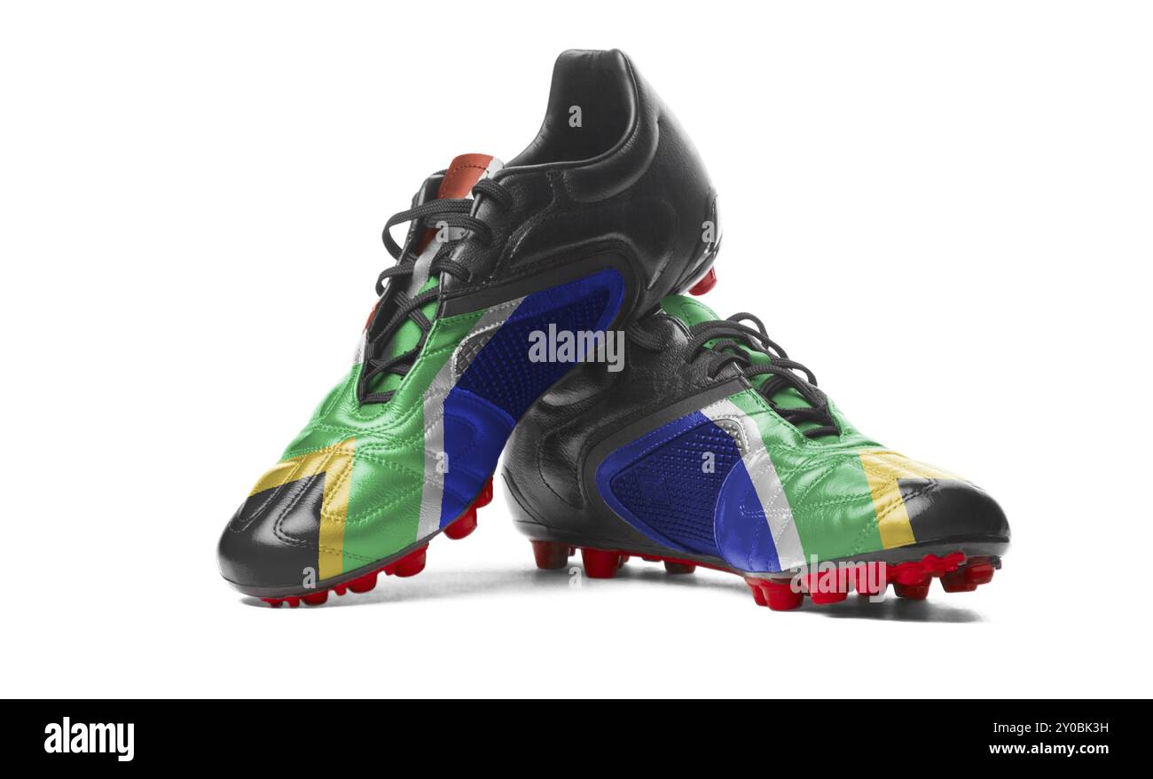 The Republic of South Africa flag painted on football boots. Isolated ...