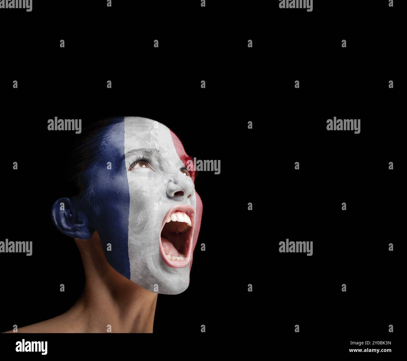 The French flag on the face of a screaming woman. concept Stock Photo ...