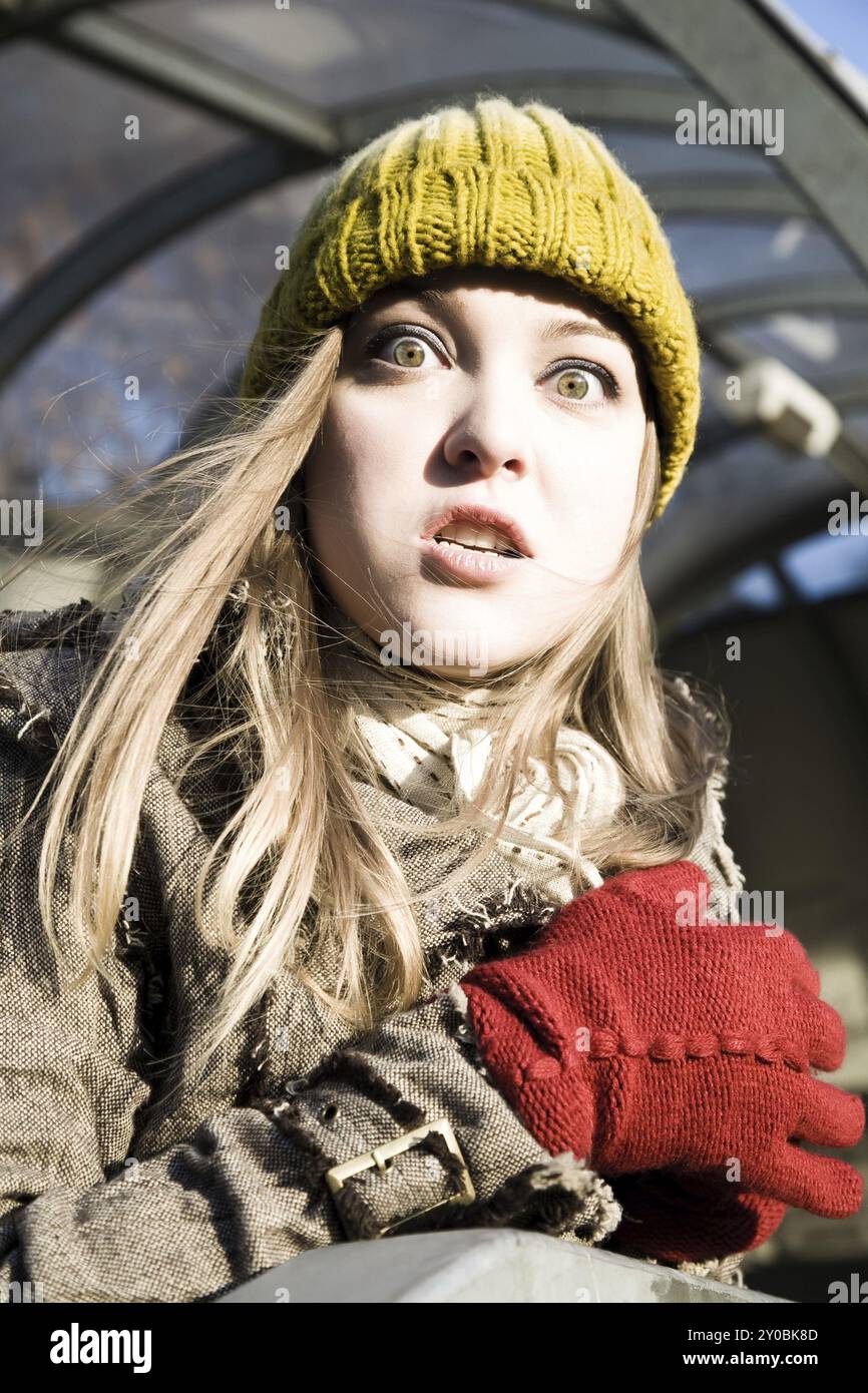 Young Scared Woman Outdoors. People Walking Series Stock Photo - Alamy