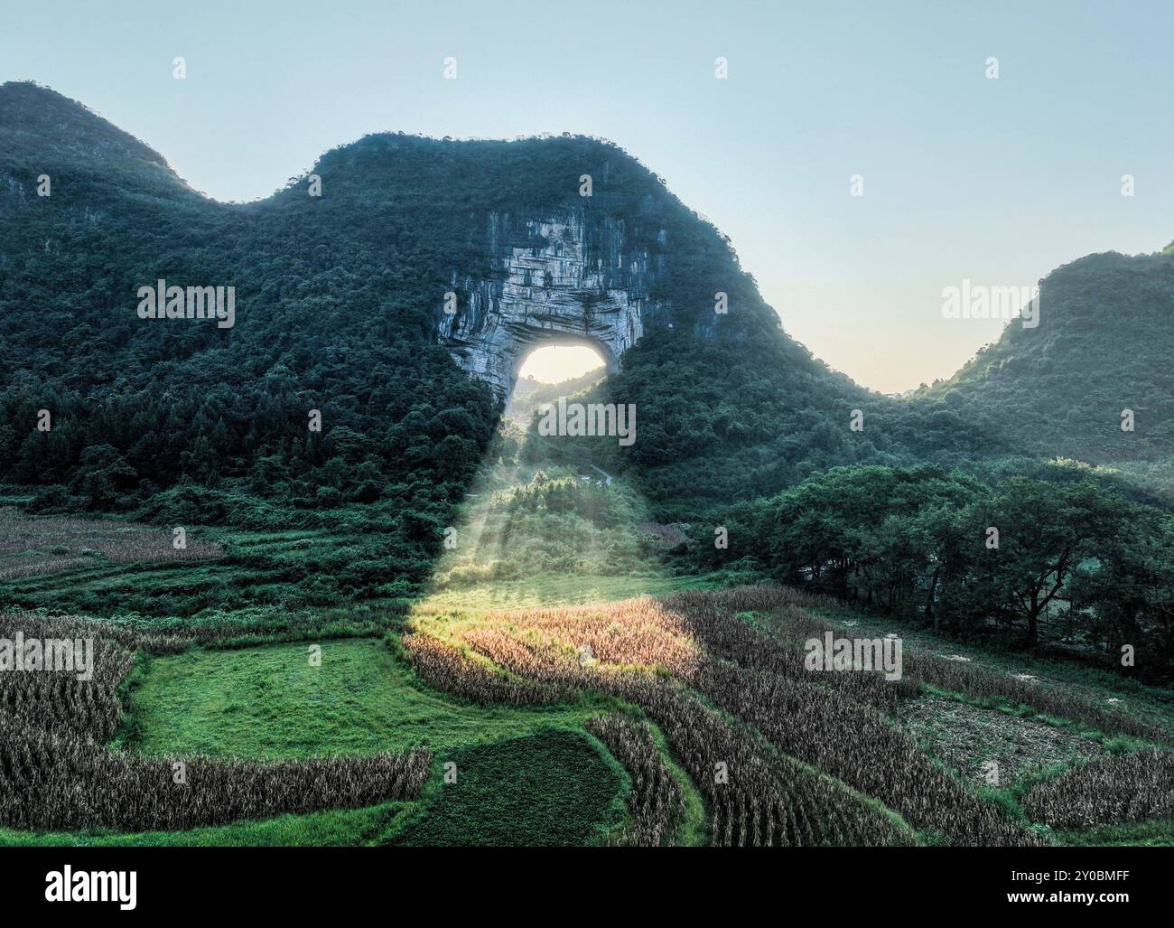 YONGZHOU, CHINA - AUGUST 27, 2024 - A light beam shines in a field ...