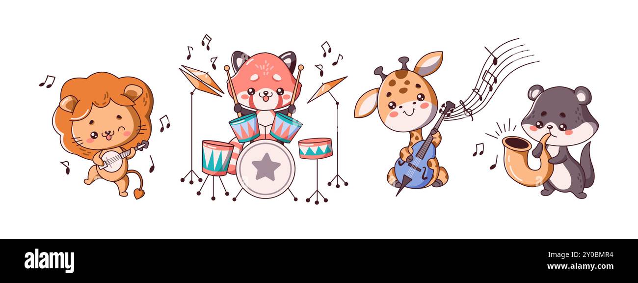 Kawaii animals playing musical instruments flat color style set. Cute ...