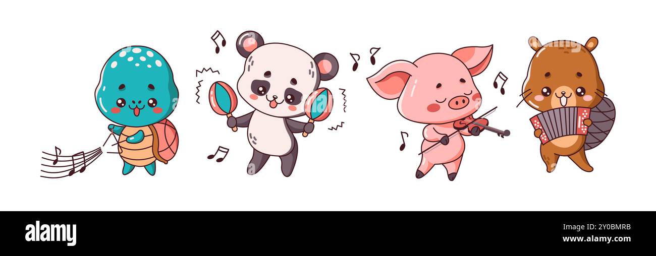 Cute animals shown as musicians flat color vector illustrations set ...