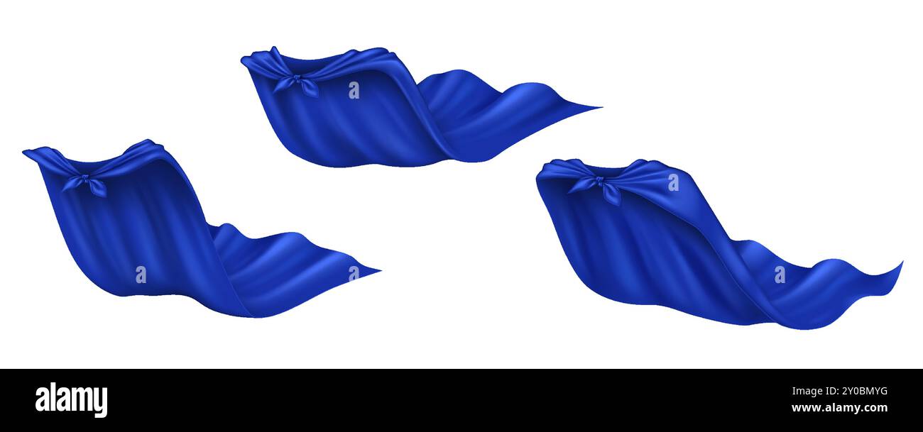 Hero blue silk cloaks realistic vector illustration set. Powerful ...